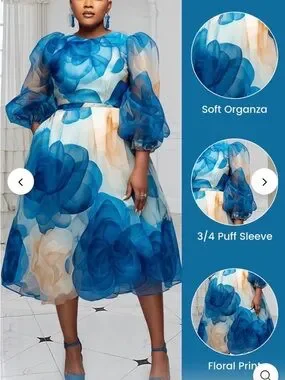 Xpluswear | Dresses | Xpluswear Blue Floral Midi Dress With Sheer Puff ...